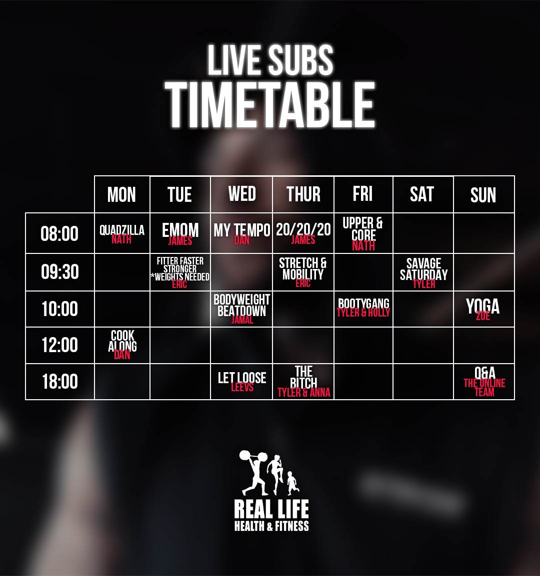 Timetable - Real Life Health and Fitness