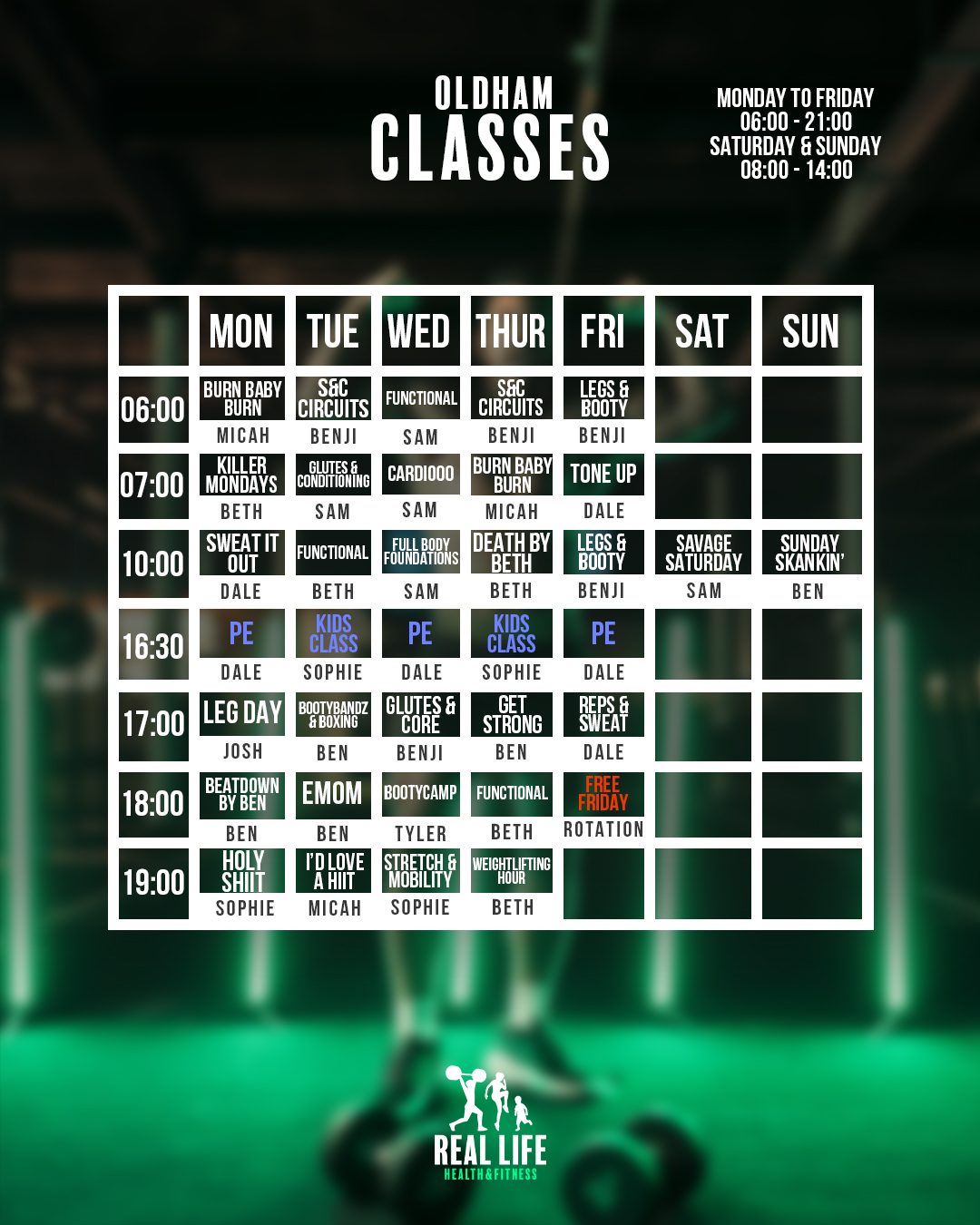 Timetable - Real Life Health and Fitness