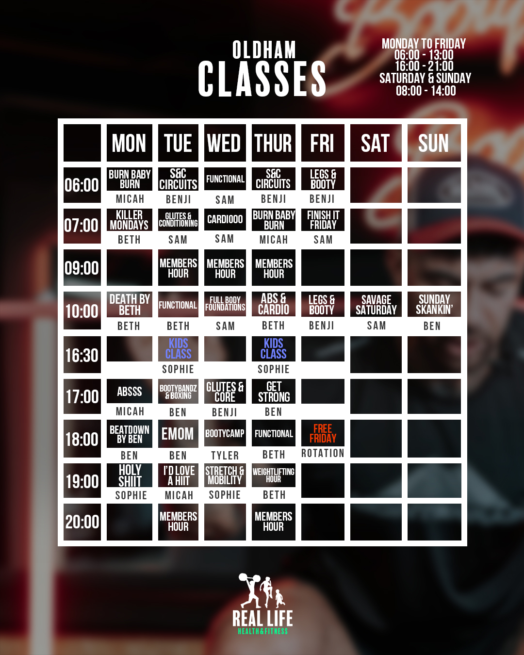 Timetable - Real Life Health and Fitness