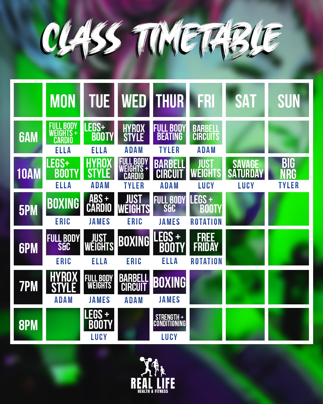 Timetable - Real Life Health and Fitness